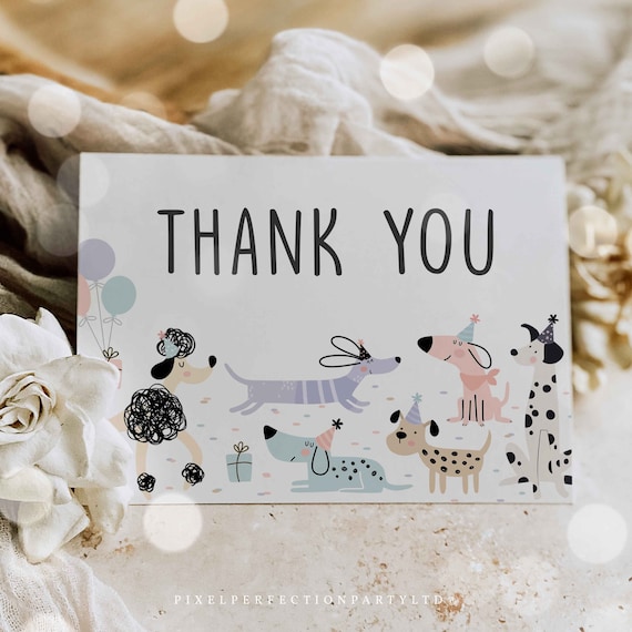 Editable Puppy Party Folded Thank You Card Dog Birthday Party Girl Pink ...