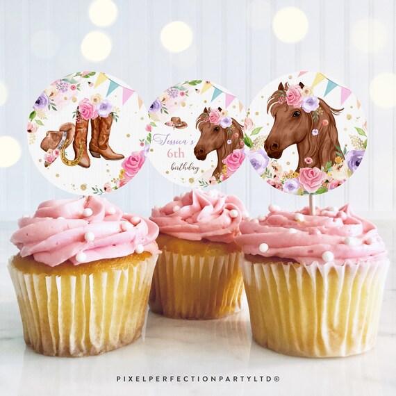 Editable Cowgirl Birthday Cupcake Toppers Horse Birthday Sticker ...