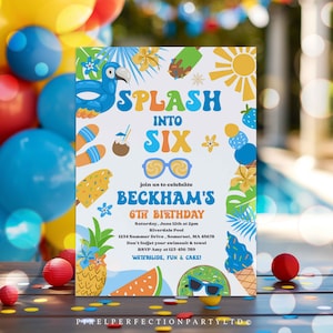 Editable Splash Into Six 6th Birthday Pool Party Invitation Tropical ...
