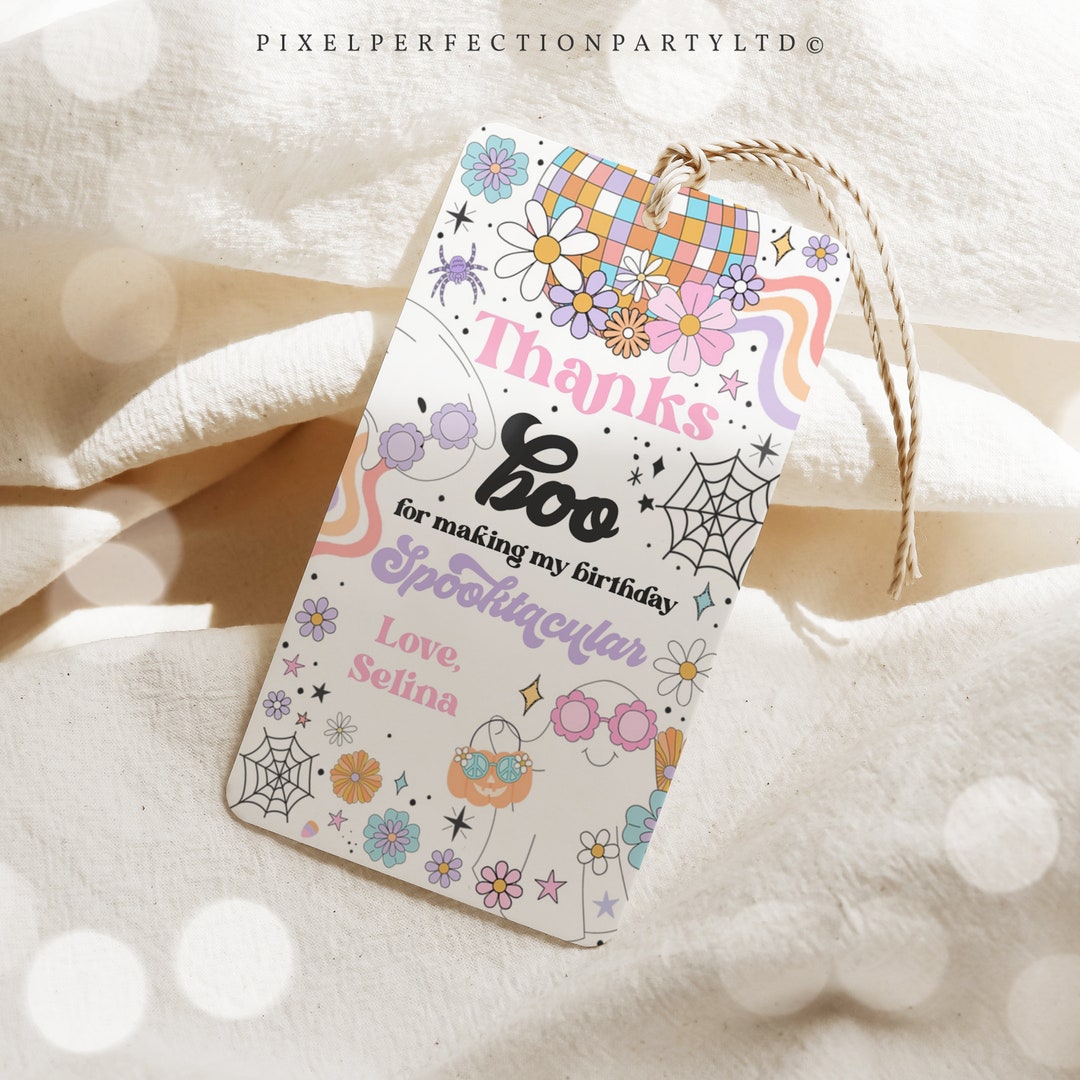 Editable Spooky Halloween Ghost Birthday Party Favor Tag Groovy Rainbow ...