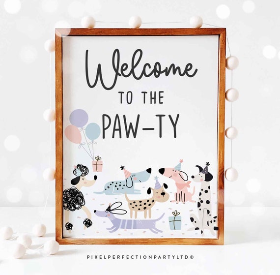 Puppy Birthday Party Welcome Paw-ty Sign Dog Birthday Party Girl Pink ...