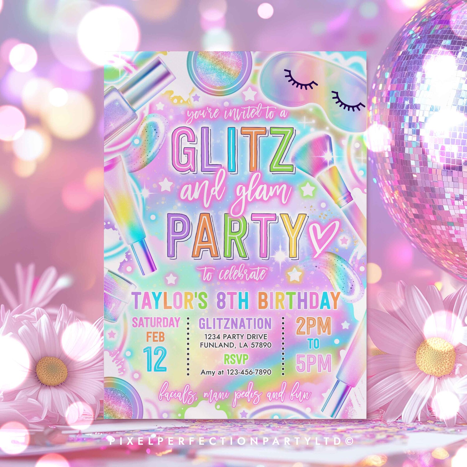 Editable Glitz and Glam Spa Makeup Birthday Invitation Neon Glow Spa ...
