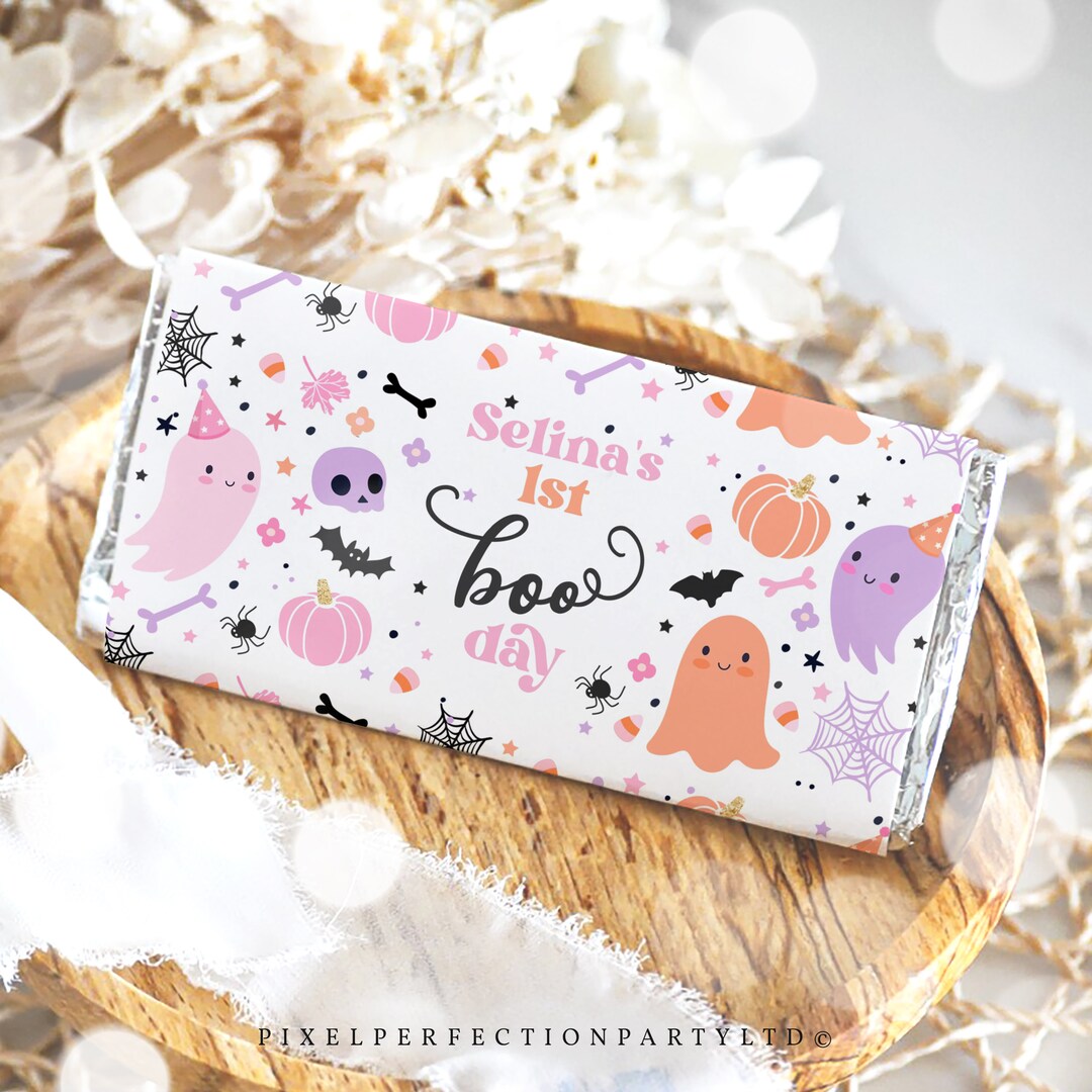 Editable Pink Halloween Ghost Birthday Party Candy Bar Label Ghost ...