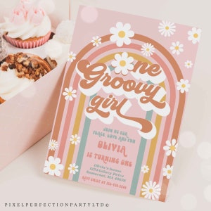 Editable One Groovy Girl Birthday Party Invitation Orange Pink Yellow ...