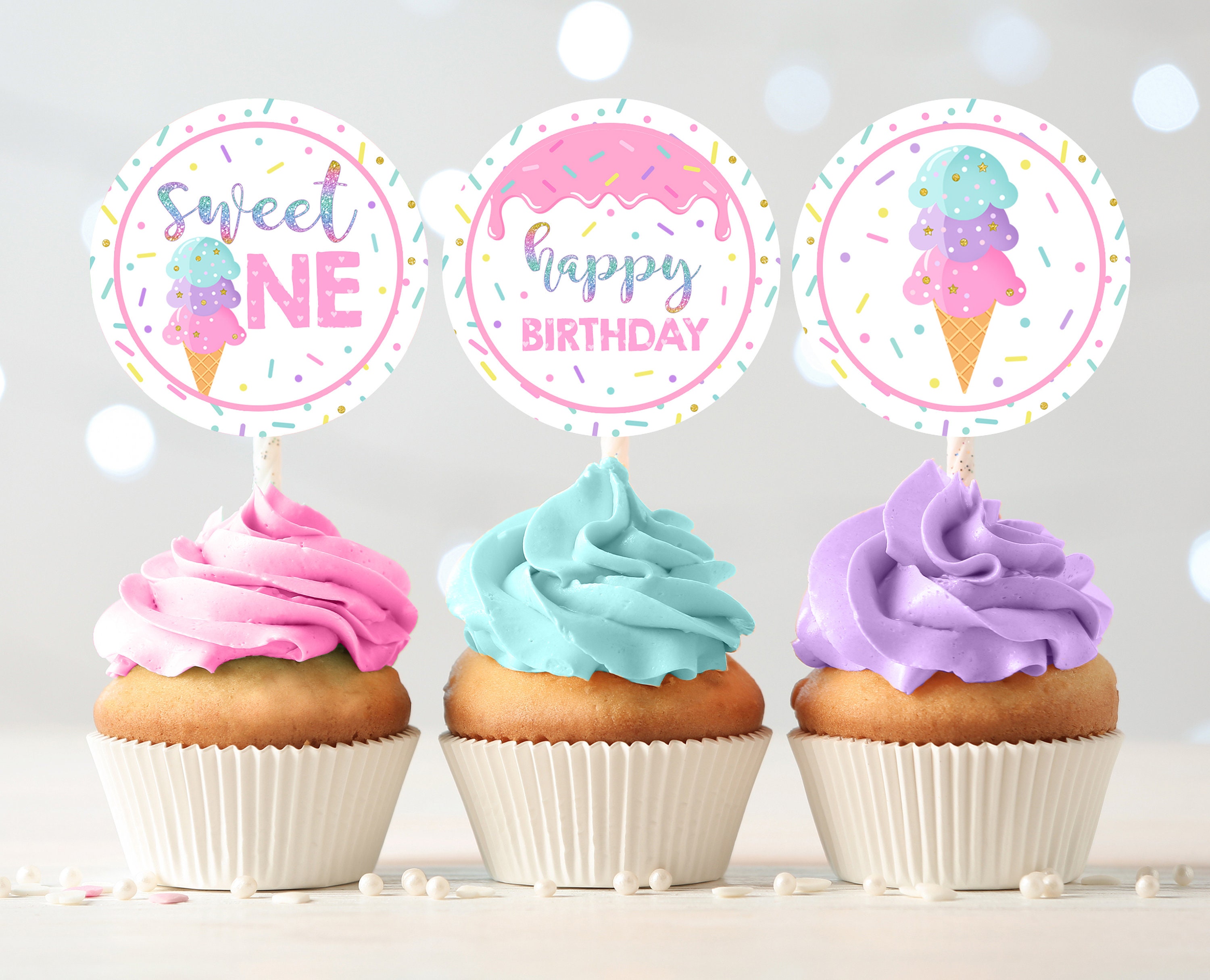 Glitter Ice Cream Cupcake Toppers Sparkle Ice Cream Favor Tags Pink Ice ...