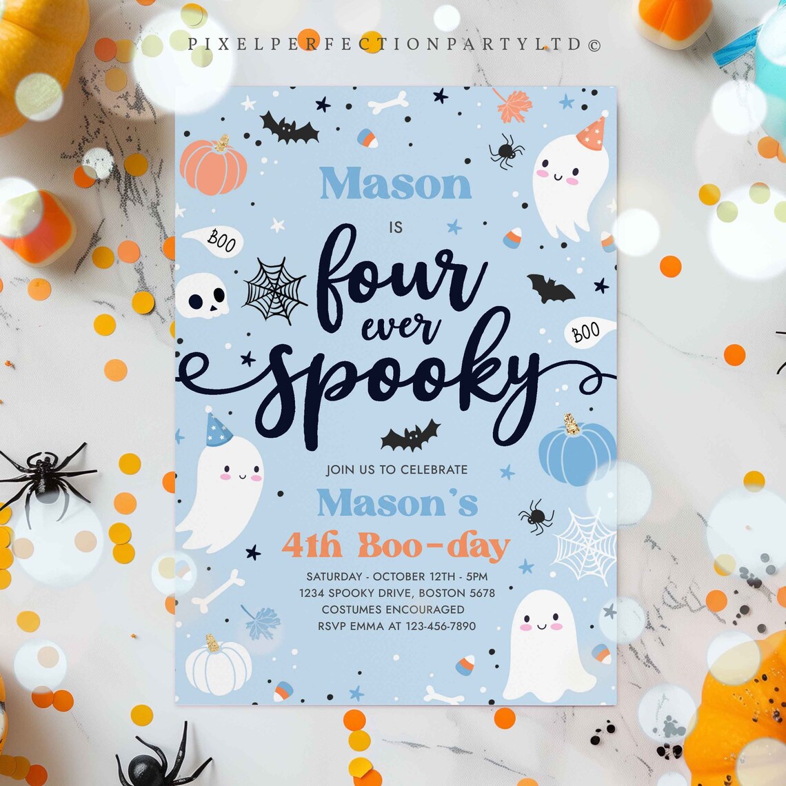 Editable Four Ever Spooky Halloween Ghost 4th Birthday Party Invitation ...