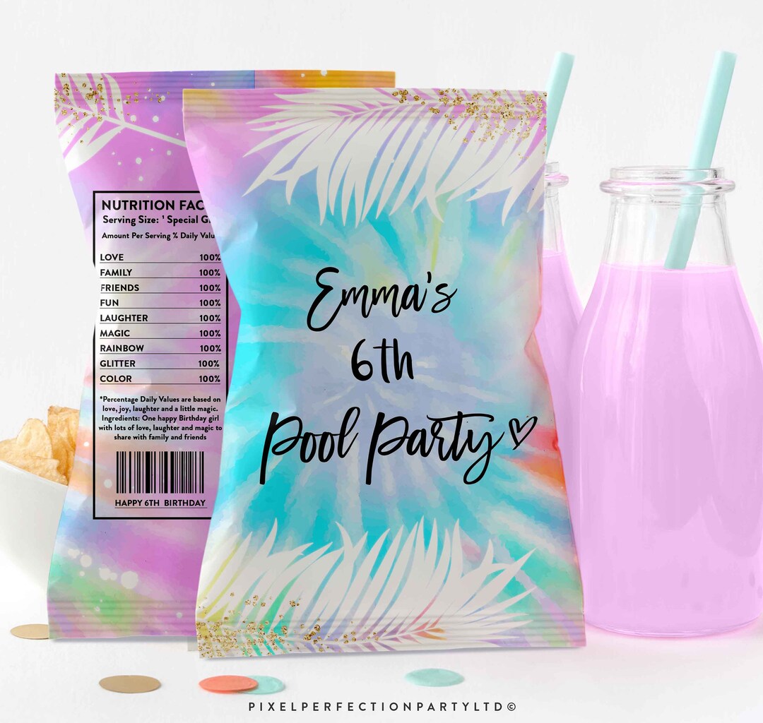 Editable Pool Party Chip Bag Favors Girly Tie Dye Pool Party - Etsy