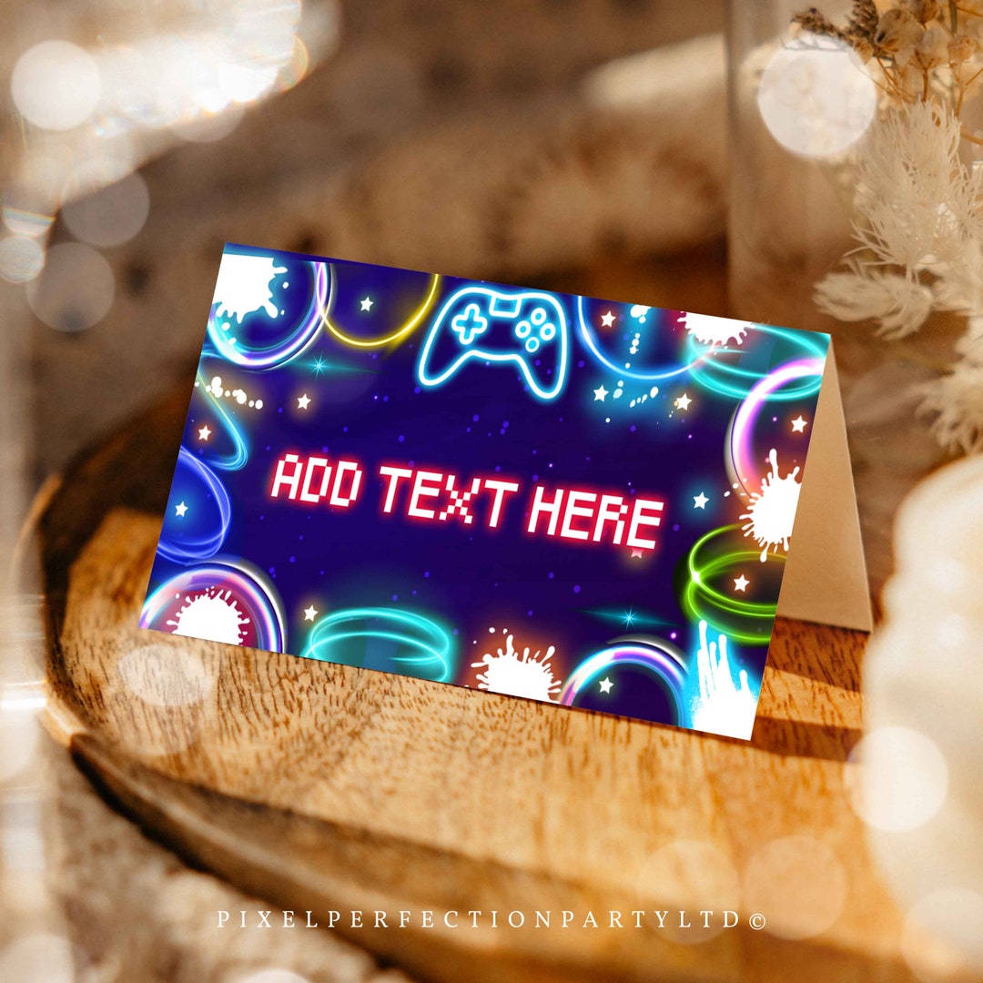 Editable Video Game Birthday Folded Place Cards Neon Gamer Birthday ...
