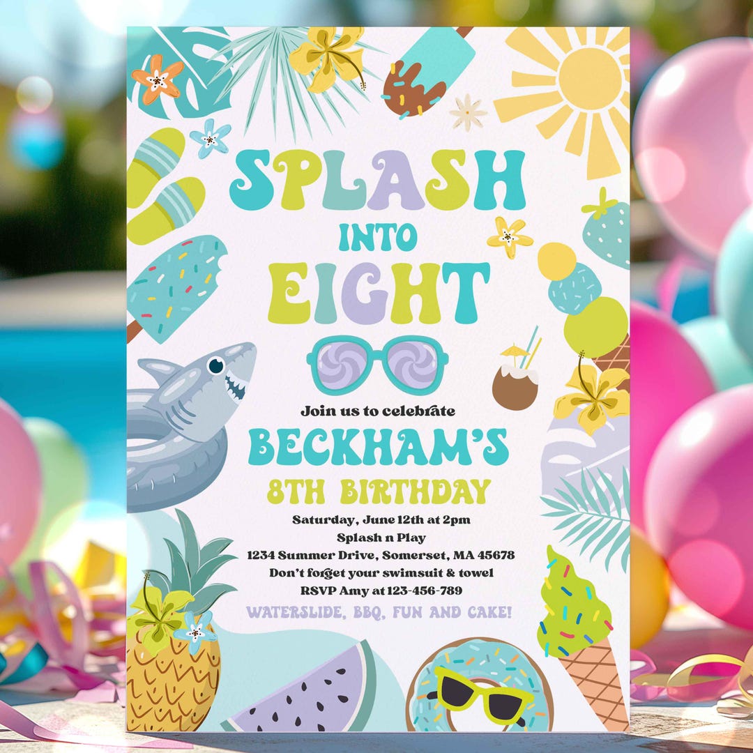 Editable Splash Into Eight Shark Pool Party Birthday Invitation Shark ...
