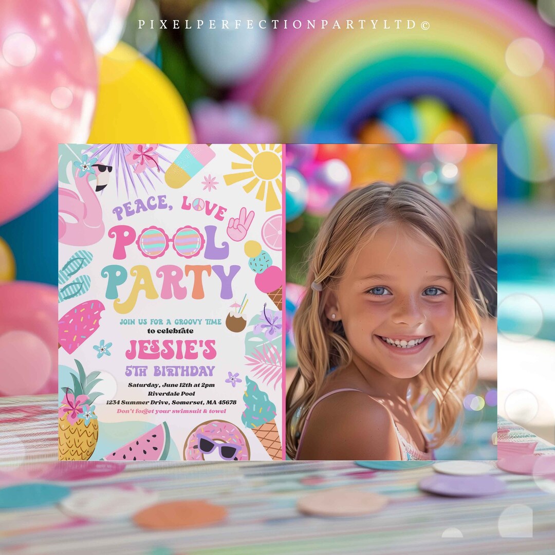 Editable Peace Love Pool Party Invitation Tropical Splish Splash Groovy ...