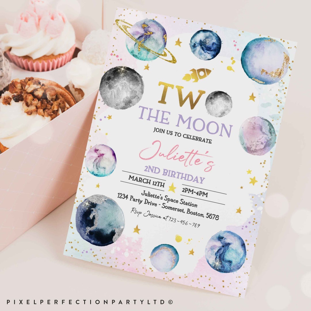Editable Two the Moon Space Birthday Invitation Pink Outer - Etsy
