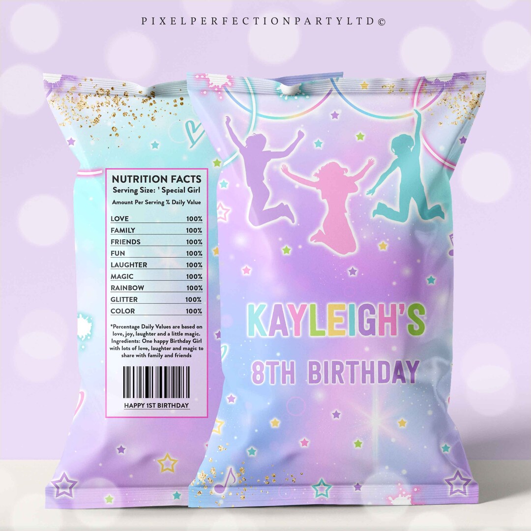Editable Jump Birthday Party Chip Bag Tie Dye Jump Chip Wrapper Favors ...