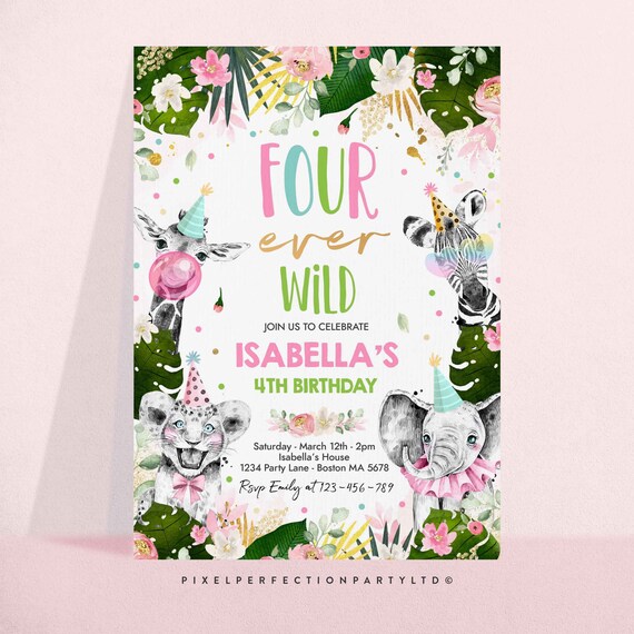 Editable Four Ever Wild Birthday Invitation Safari Animals FourEver ...