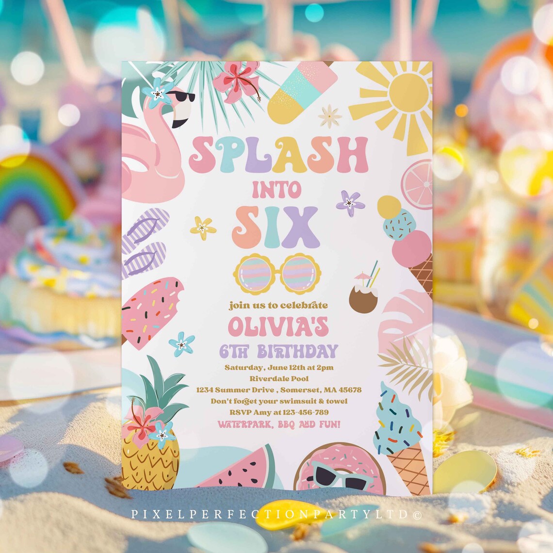 Editable Splash Into Six 6th Birthday Pool Party Invitation Tropical ...