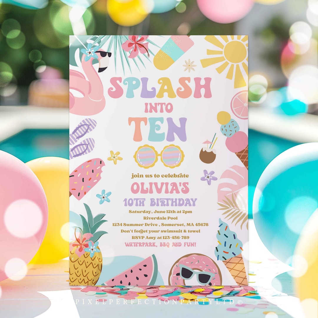 Editable Splash Into Ten 10th Birthday Pool Party Invitation Tropical ...