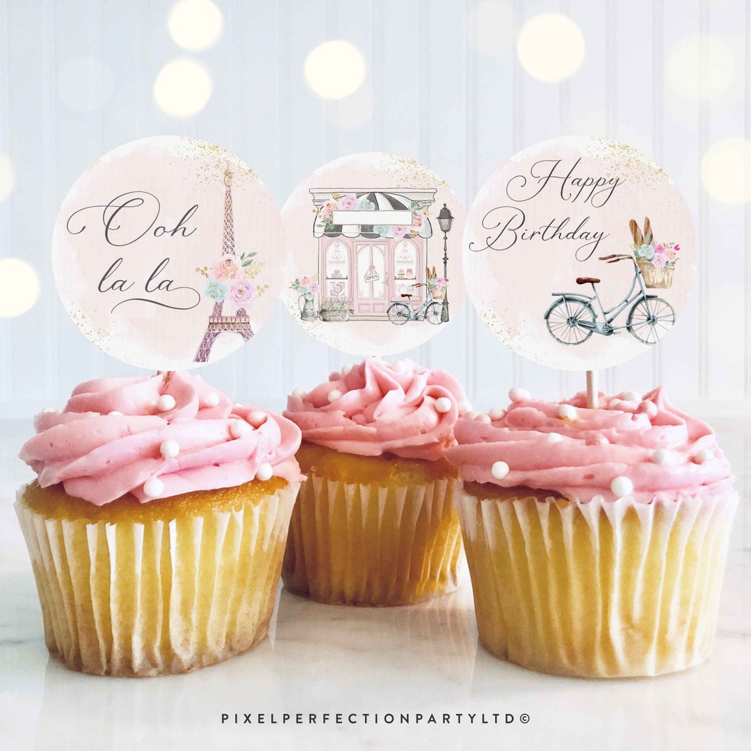 Paris Birthday Party Circle + Square Cupcake Toppers French Parisian ...