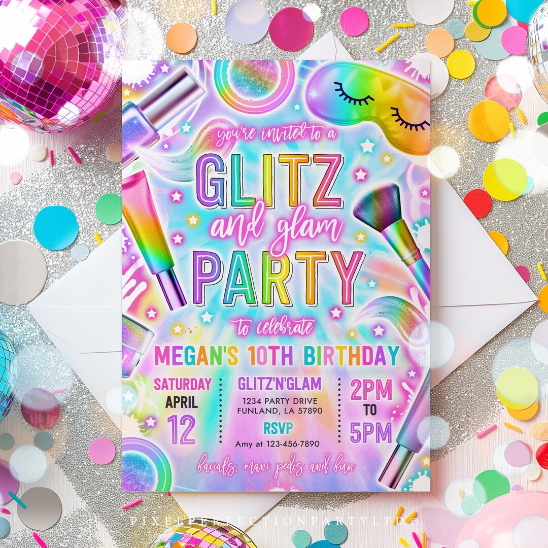 Editable Glitz and Glam Spa Makeup Birthday Invitation Neon Glow Spa ...
