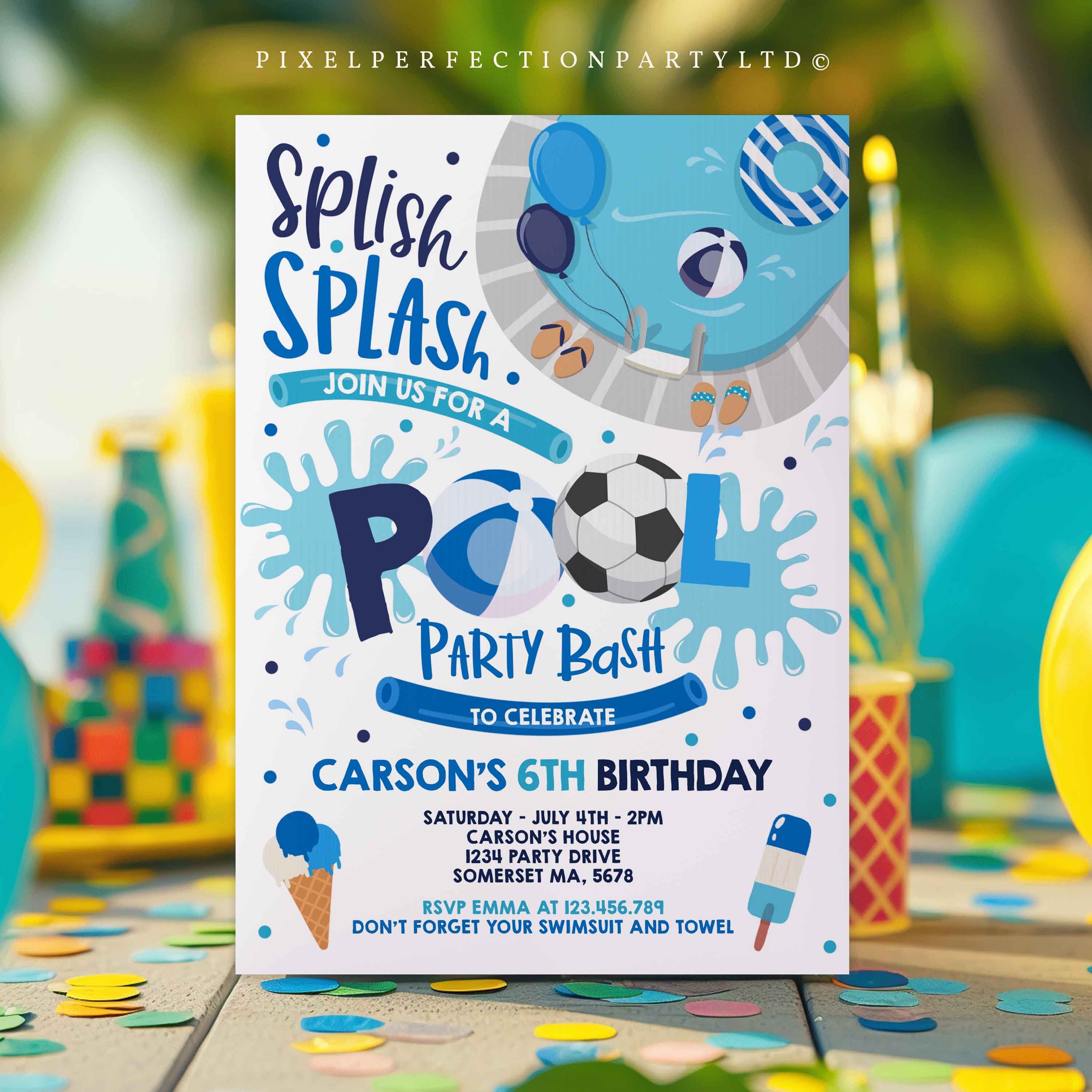 Editable Soccer Pool Party Invitation Sports Summer Pool Party Sports ...