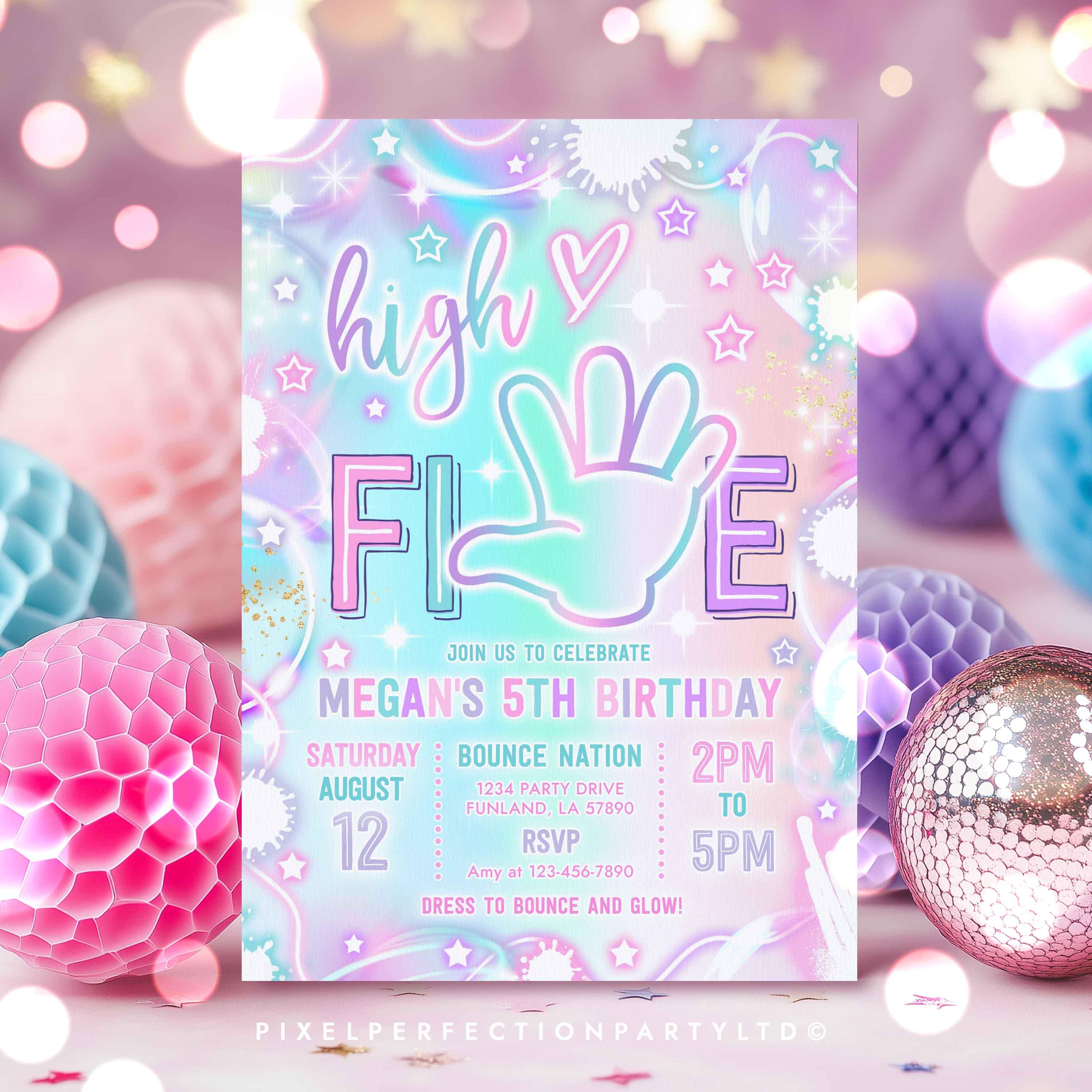 Editable High Five Birthday Party Invitation Neon Glow High Five Hi ...