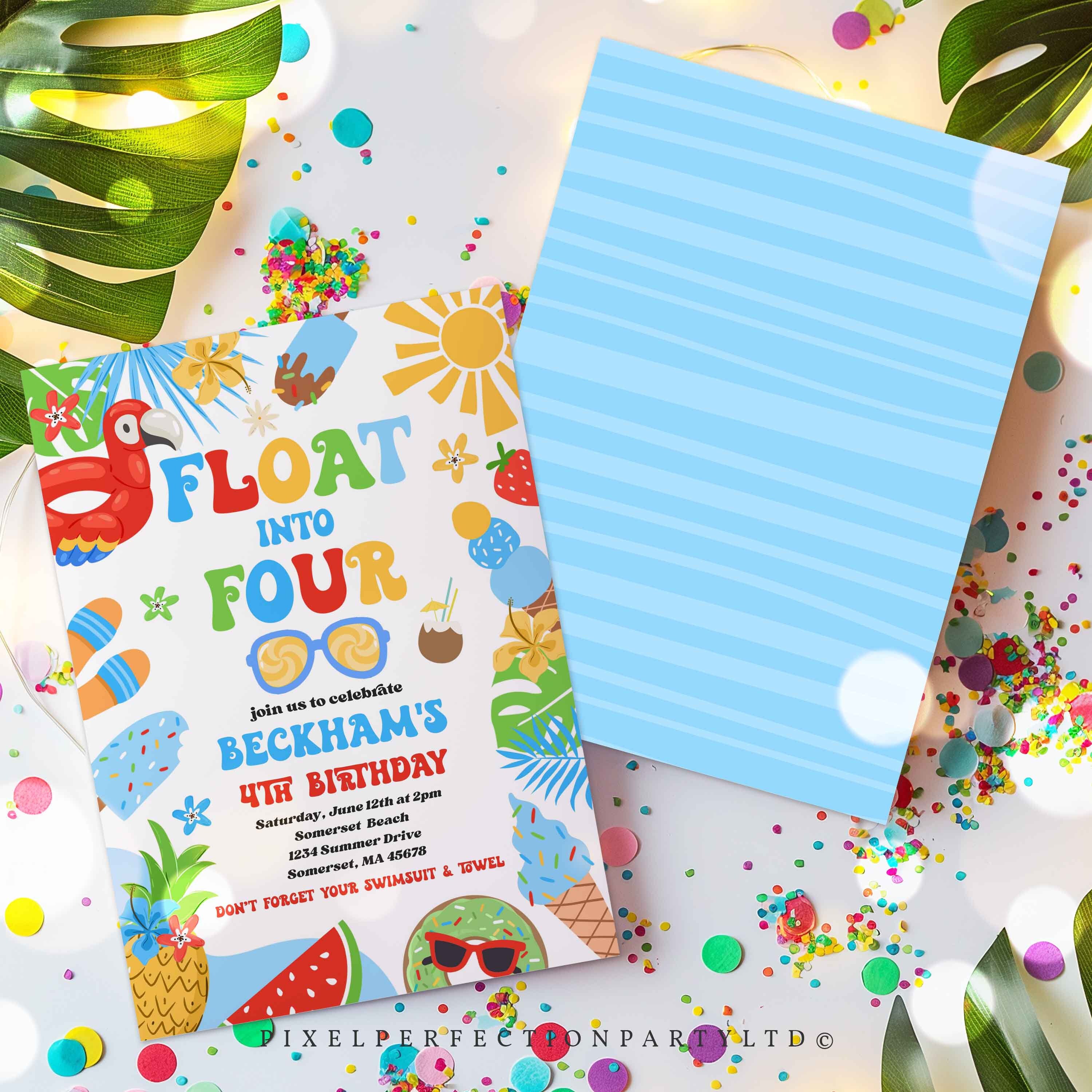 Editable Float Into Four 4th Birthday Pool Party Invitation Tropical ...