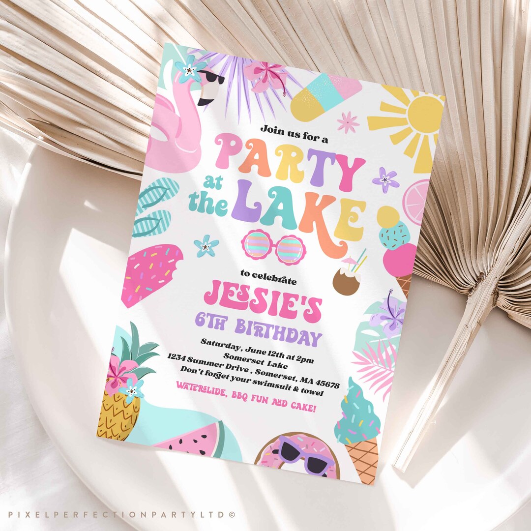 Editable Party at the Lake Birthday Invitation Tropical Splish Splash ...
