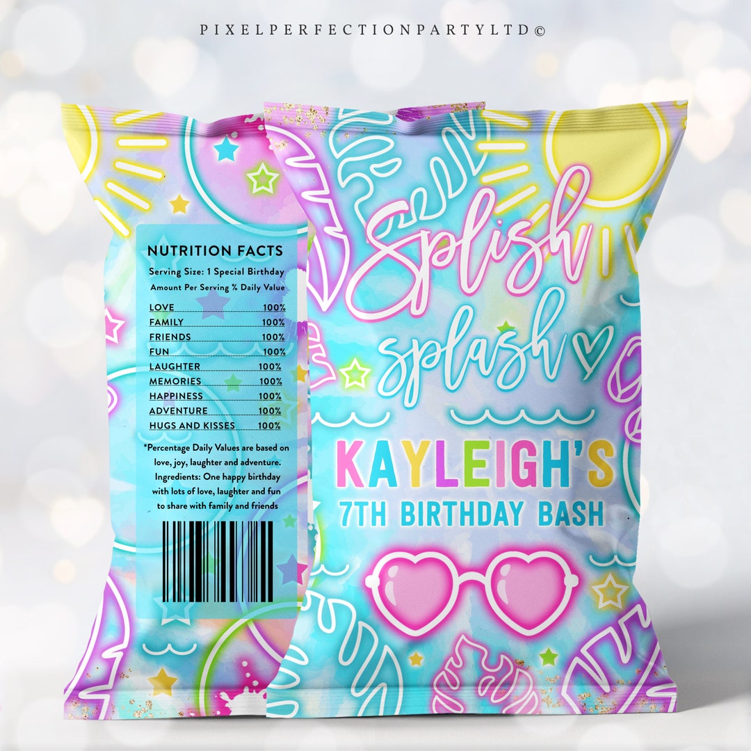 Editable Pool Party Chip Bag Label Glow Neon Tie Dye Summer Pool Water ...