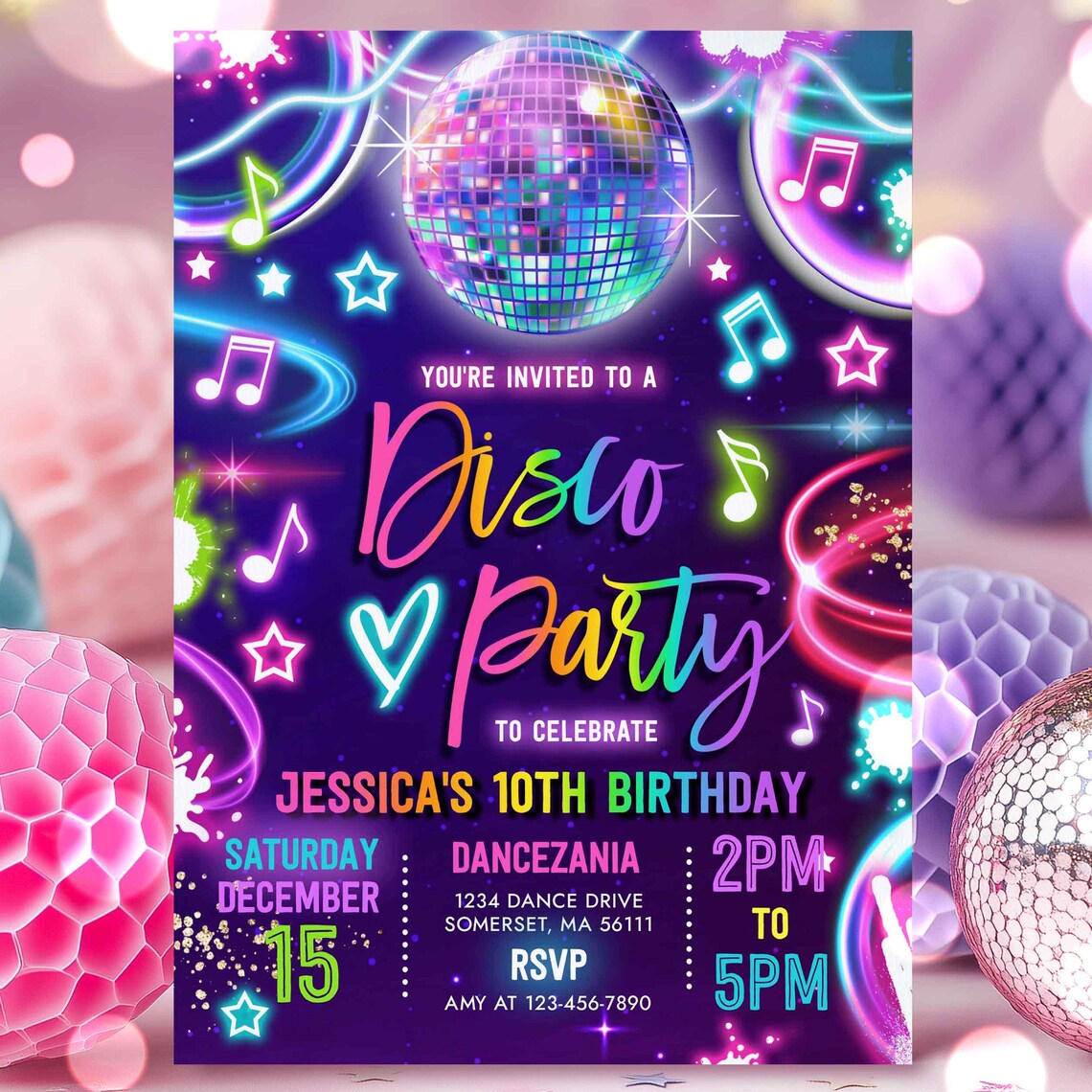 Editable Disco Party Invitation Neon Glow Disco Dance Party Invitation ...