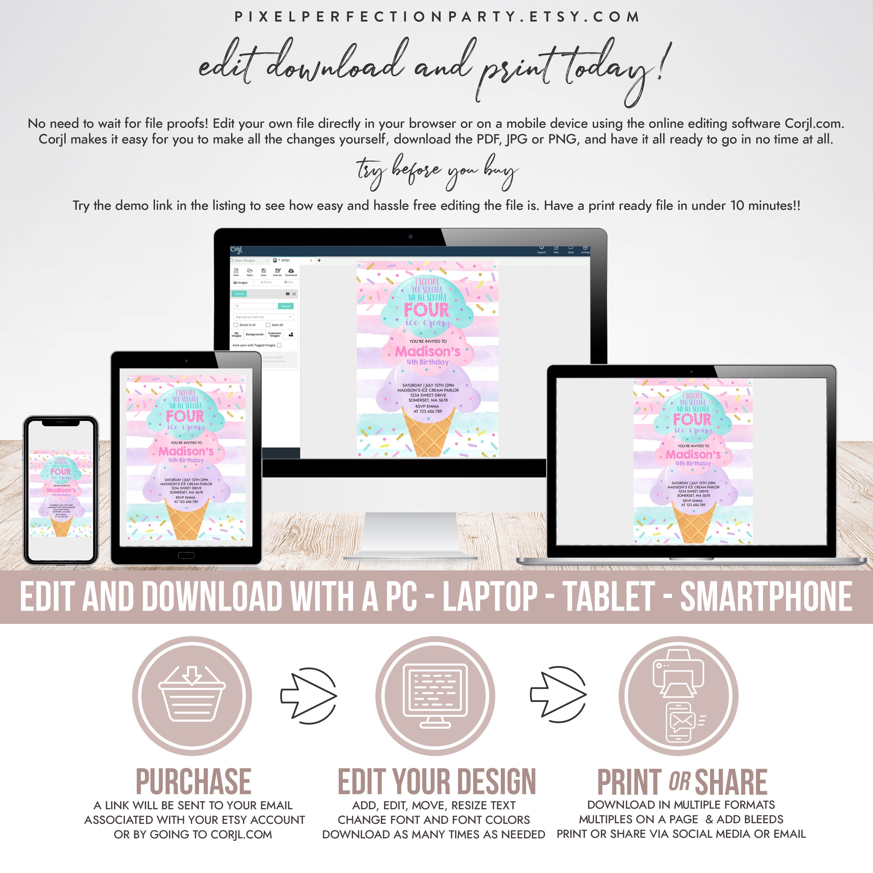 Editable Ice Cream Birthday Invitation I Scream You Scream We | Etsy