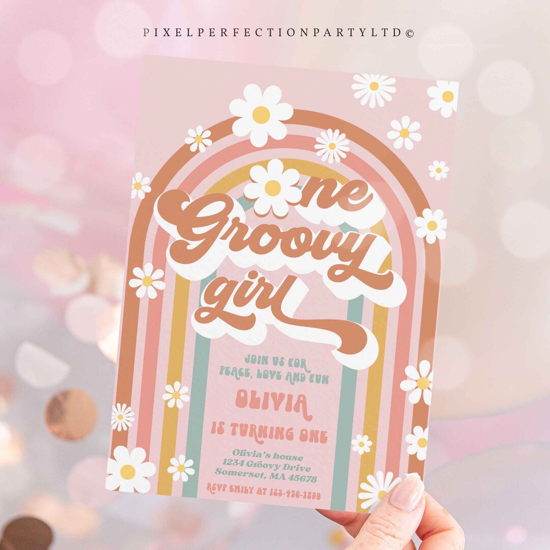 Editable One Groovy Girl Birthday Party Invitation Orange Pink Yellow ...