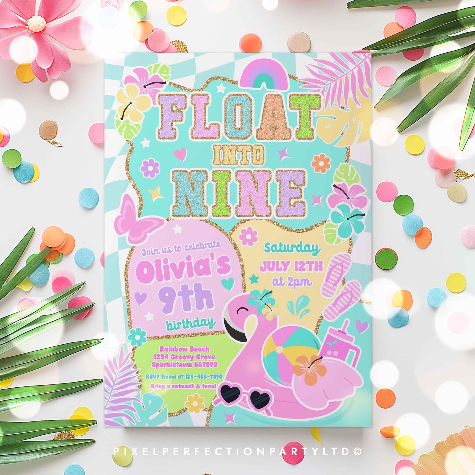 Editable Preppy 9th Birthday Pool Party Invitation Varsity Girl Fashion ...
