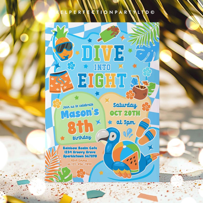 Editable Tropical Splish Splash 8th Birthday Pool Party Invitation Dive ...