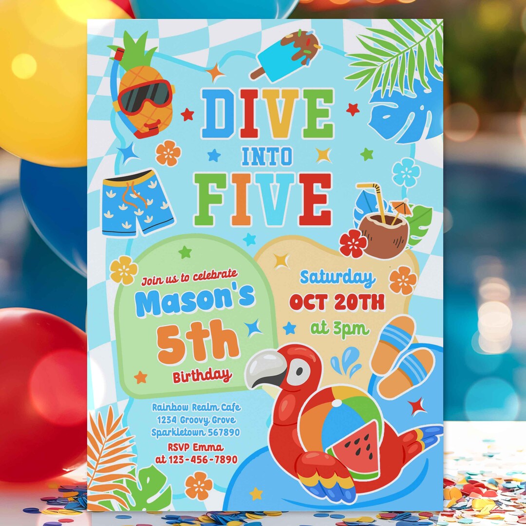 Editable Tropical Splish Splash 5th Birthday Pool Party Invitation Dive ...