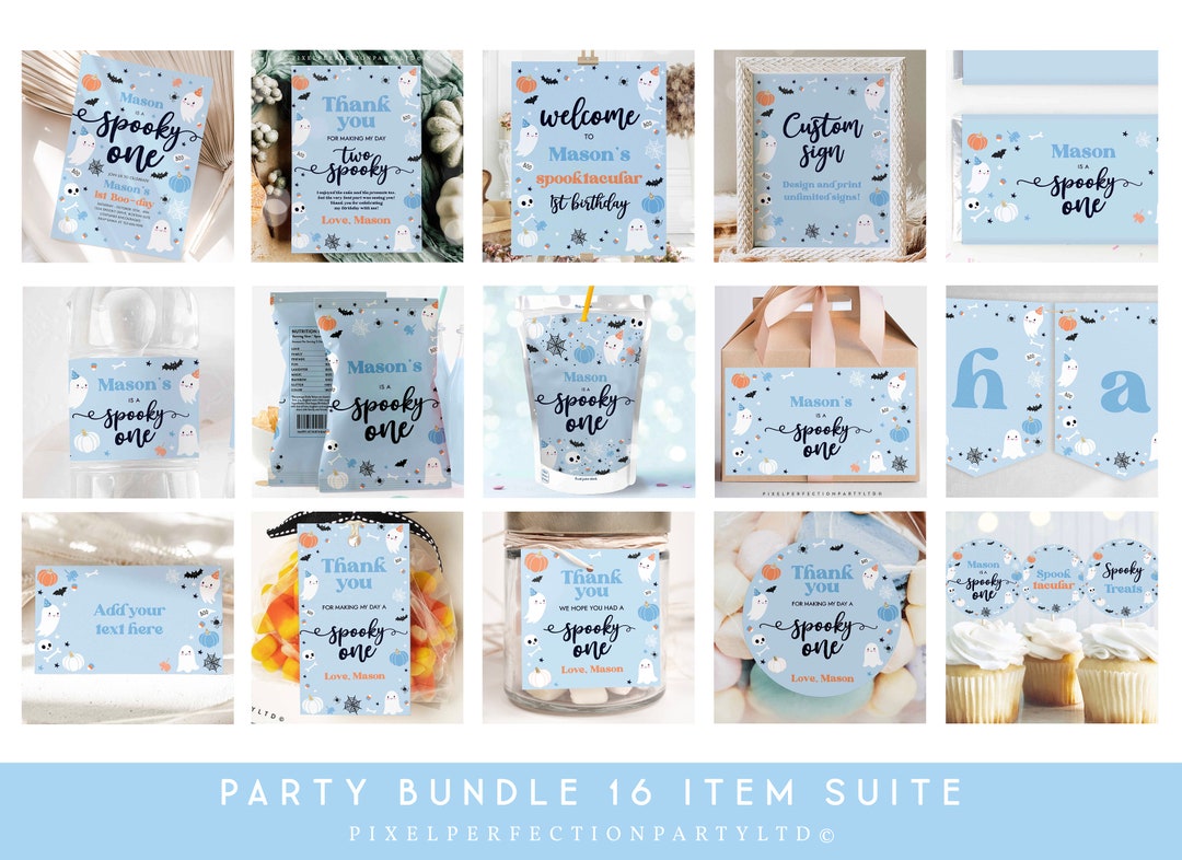 Editable Spooky One 1st Birthday Party Invitation Bundle Blue Cute ...
