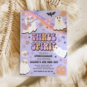 Editable Three Spirit Halloween Ghost 3rd Birthday Invitation Retro ...
