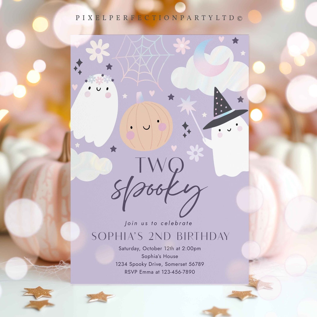 Editable Two Spooky 2nd Birthday Party Invitation Cute Pink Pastel ...