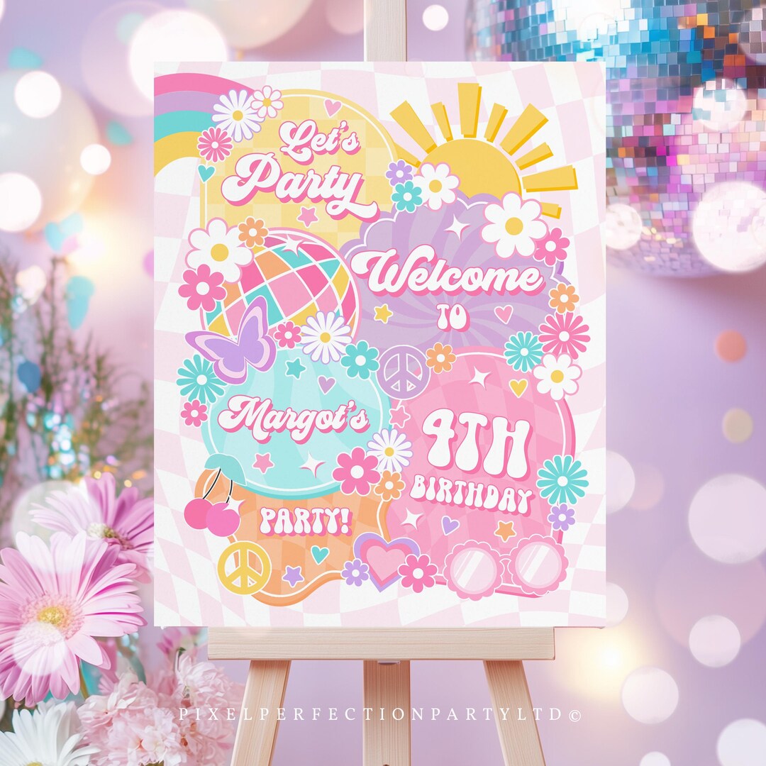 Editable Groovy Birthday Party Welcome Sign Rainbow Sunshine Groovy ...