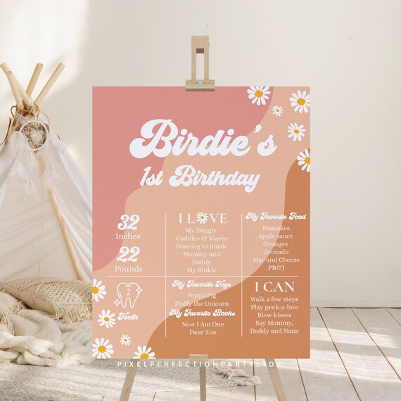 Editable Daisy 1st Birthday Milestone Poster Muted Tones Boho Retro ...