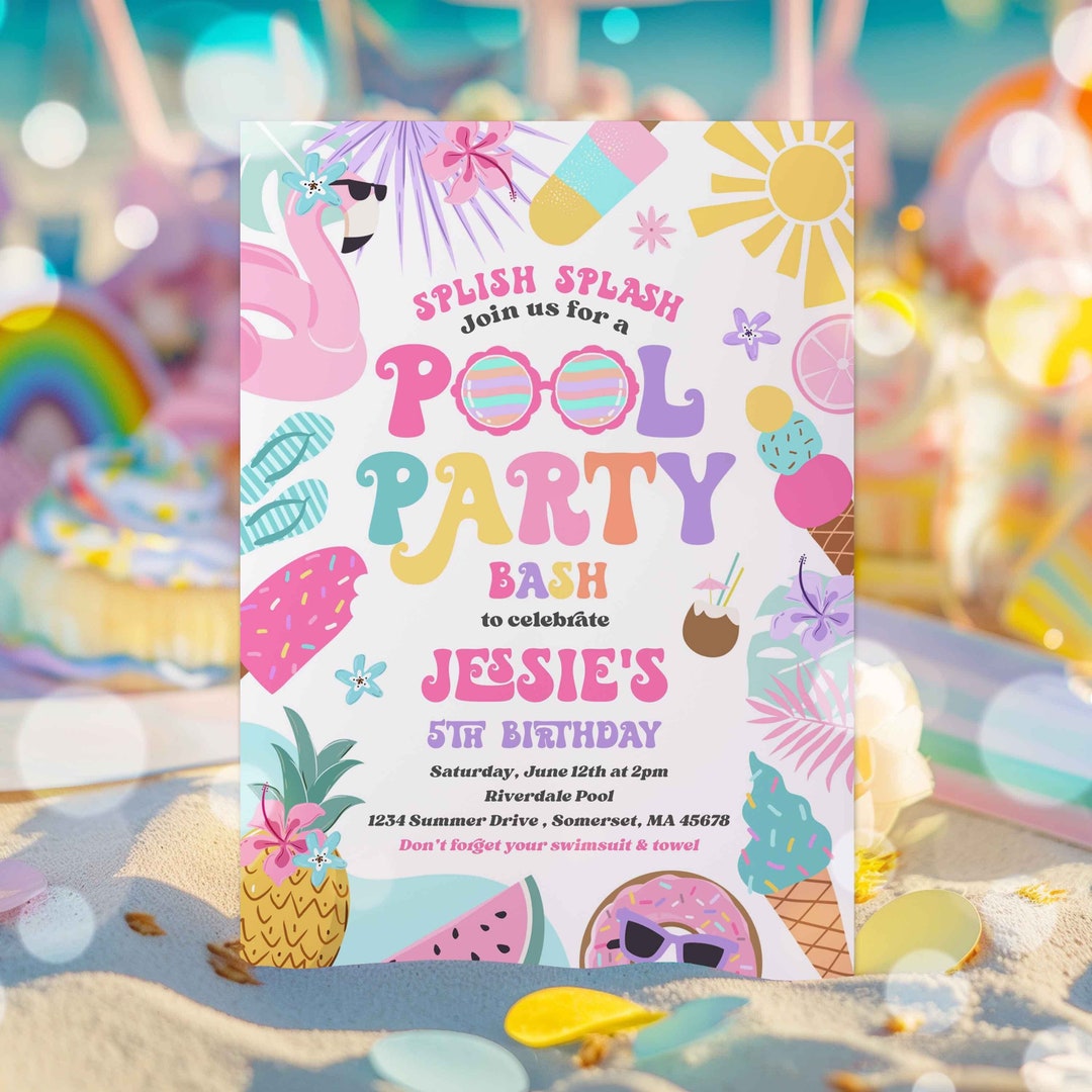 Editable Pool Party Invitation Tropical Splish Splash Girly Pool Party ...