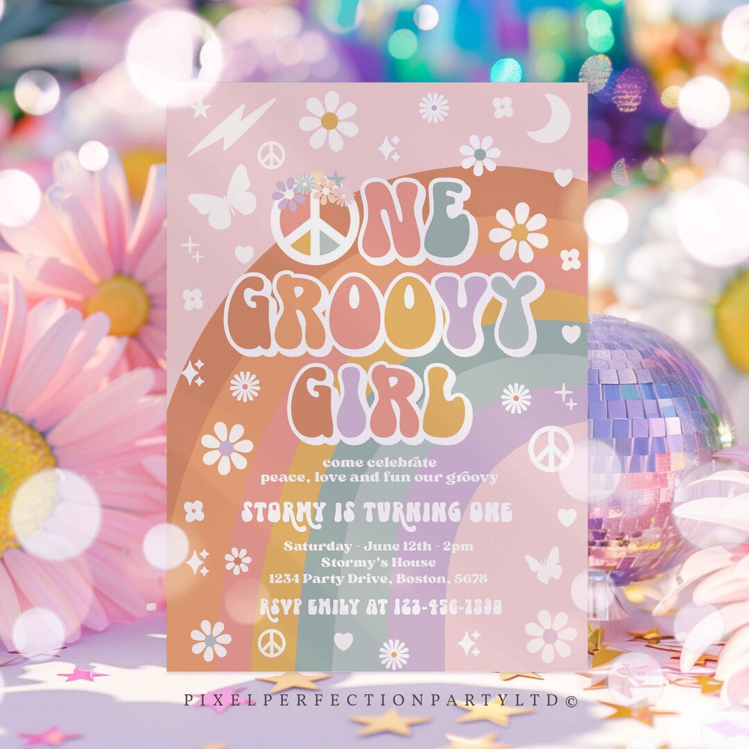 Editable One Groovy Girl Birthday Party Invitation Orange Pink Yellow ...