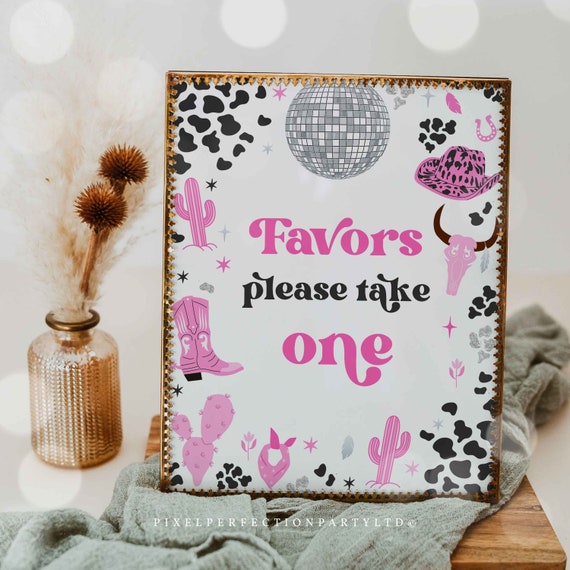Space Cowgirl Birthday Party Favors Please Take One Sign Pink Disco ...