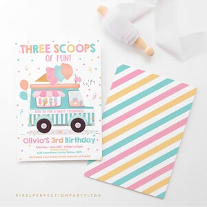 Editable Ice Cream Truck Three Scoops of Fun 3rd Birthday Party Invitation Ice Cream 3rd ...