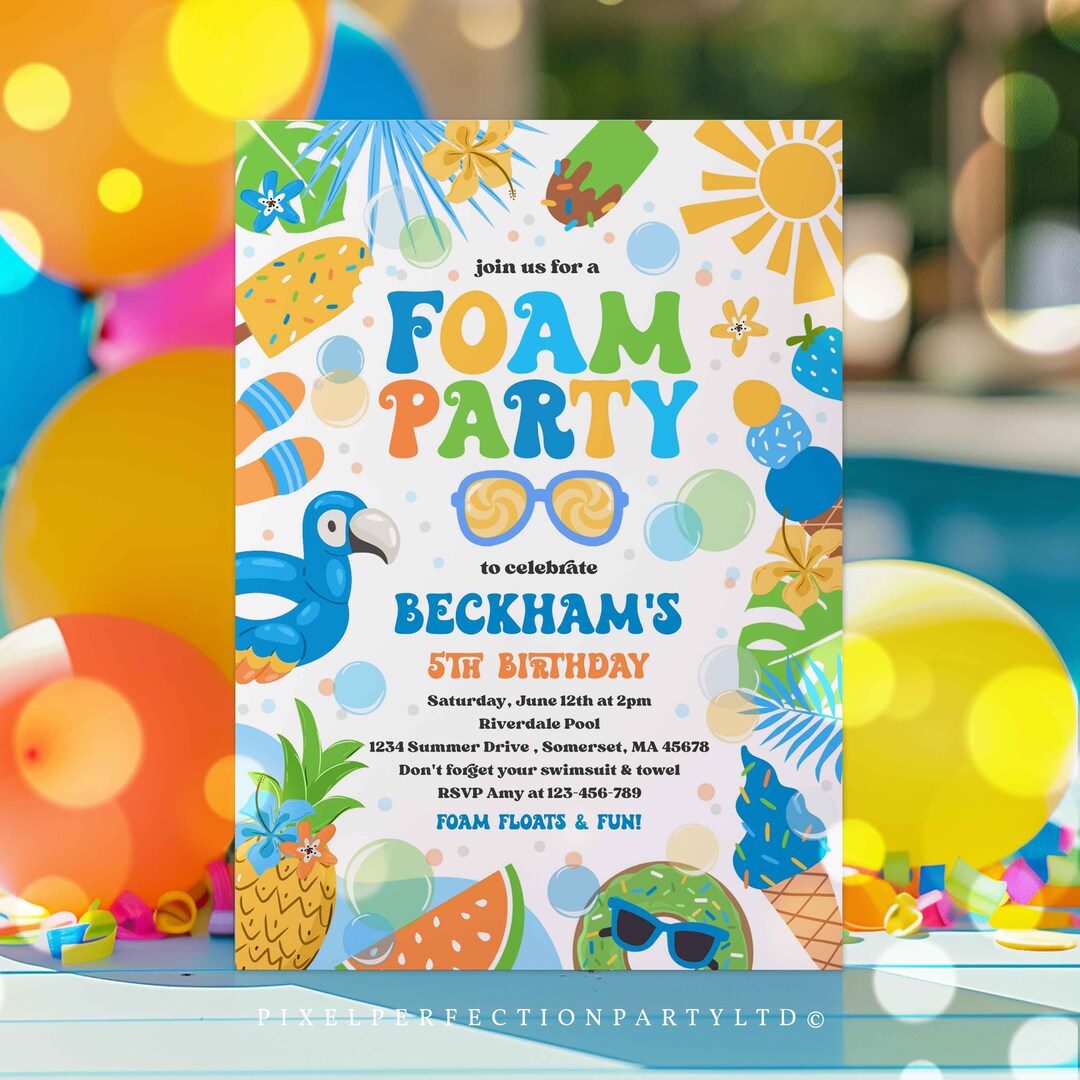 Editable Foam Birthday Party Invitation Tropical Pool Foam Boy Pool ...