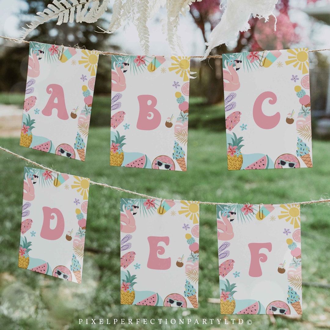 Editable Pool Party AZ Birthday Banner Tropical Splish Splash Girly ...