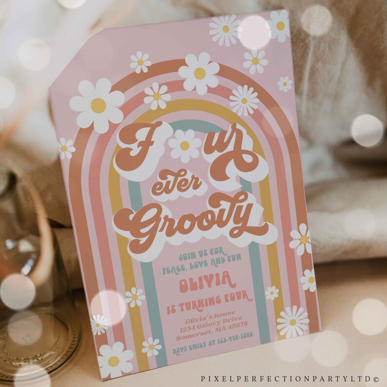 Editable Four Ever Groovy Birthday Party Invitation Groovy Rainbow ...
