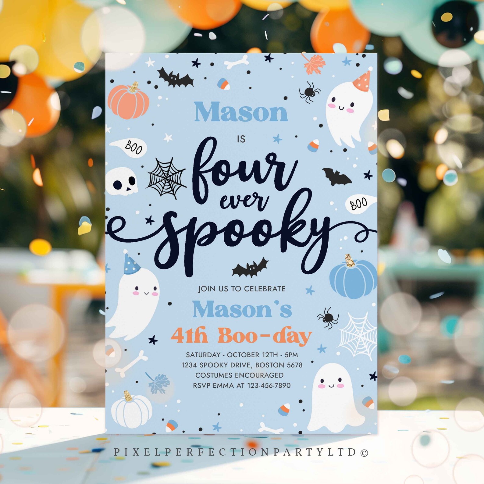Editable Four Ever Spooky Halloween Ghost 4th Birthday Party Invitation ...
