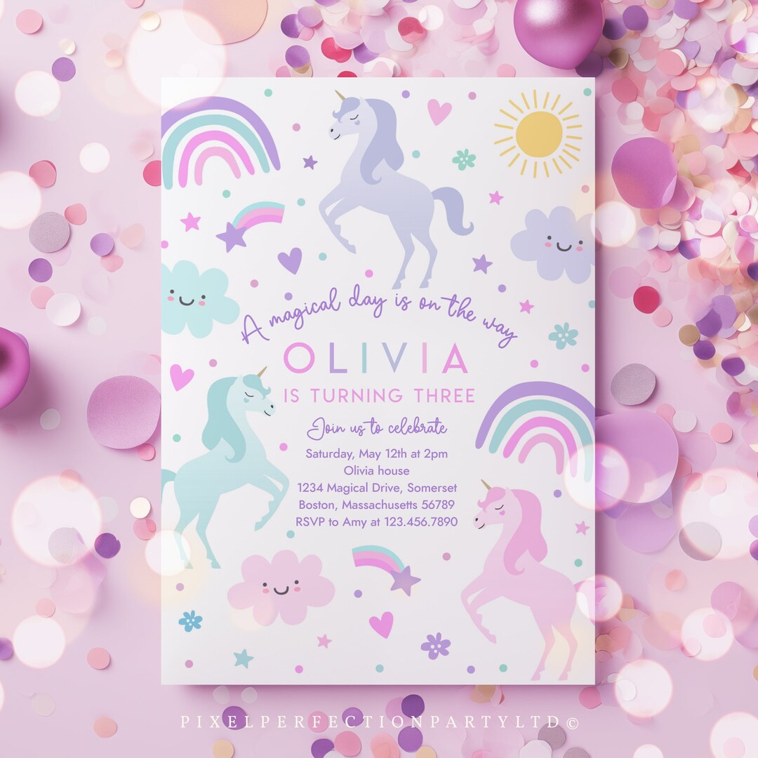 Editable Unicorn Birthday Invitation Magical Pastel Rainbow Unicorn ...
