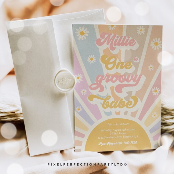 Editable One Groovy Babe 1st Birthday Invitation Retro Sunshine Groovy ...