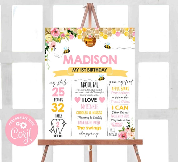 Editable Bee Birthday Milestone Poster Honey Bee Birthday Stats Poster ...
