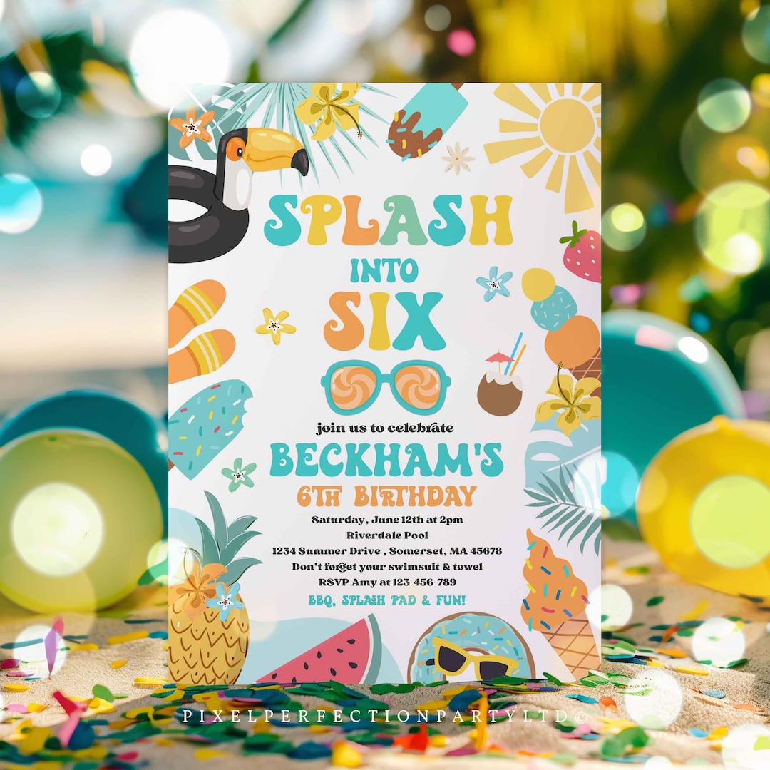 Editable Splash Into Six 6th Birthday Pool Party Invitation Tropical ...