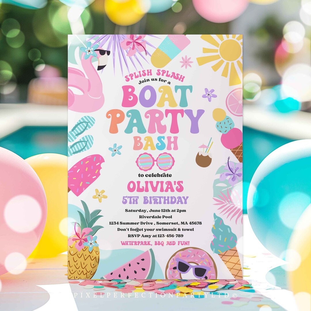 Editable Boat Birthday Party Invitation Tropical Splish Splash Boy Pool ...